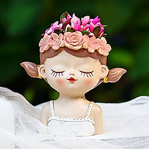 4.35" Cute Head Planter Pot Resin Succulent Planter Little Girl Flower Pot, Human Face Cactus Plants Container Bonsai Holder Thumb Pot Fairy Figurine Statue Planters with Drainage Decor Gift