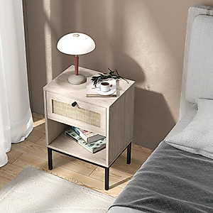 GOFLAME Rattan Nightstand Set of 2, Boho Bedside Table with Drawer & Open Shelf, Wooden End Table with Metal Legs, Farmhouse Sofa Side Table for Bedroom and Small Spaces, Oak