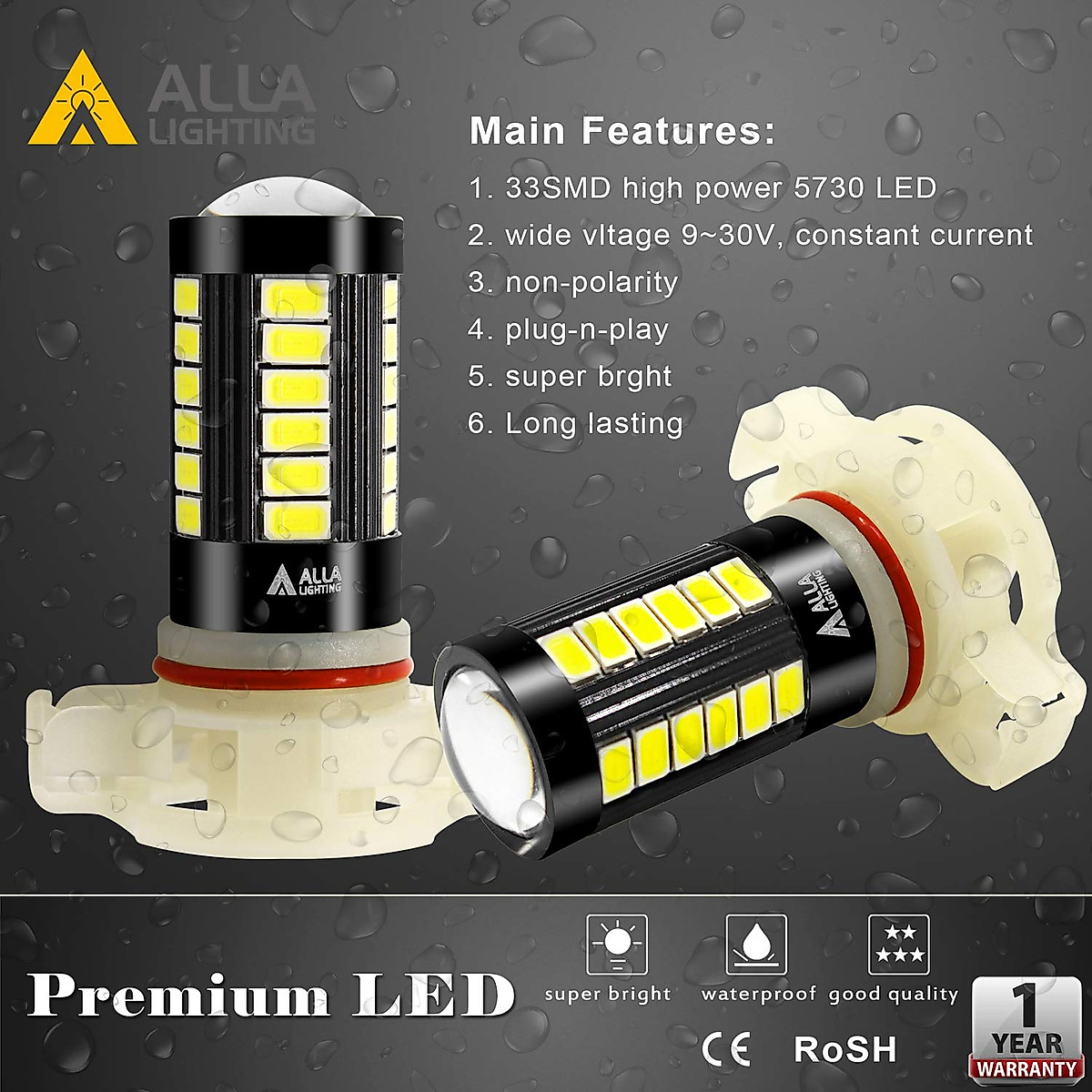 Alla Lighting 5201 DRL PS19W 5202 LED Fog Lights Bulbs 9009 PS24W FF 12085 C1, 6000K Xenon White 2800lm Xtreme Super Bright 5730 33-SMD 12V Daytime Running Lights Lamps Replacement
