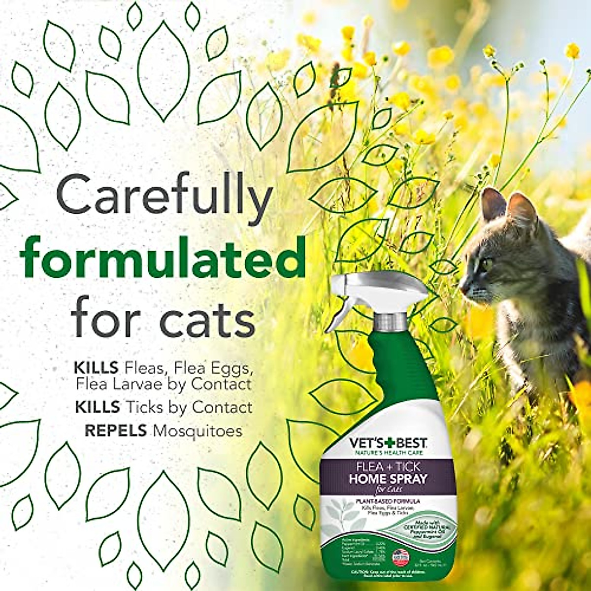 Vet's Best Flea and Tick Home Spray for Cats - Flea Treatment for Cats and Home - Plant-Based Formula - Certified Natural Oils - 32 oz
