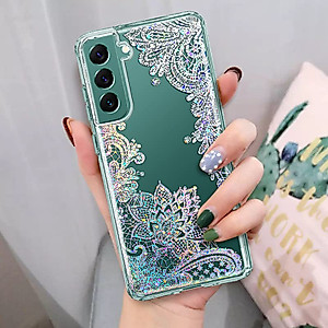 Coolwee Clear Glitter for Galaxy S22, 6.1 inch, Thin Flower Slim Cute Crystal Lace Bling Shiny for Women Girls Floral Plastic Hard Back Soft TPU Bumper Protective Cover for Samsung S22 Mandala Henna