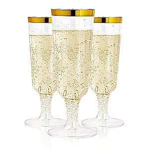 JOLLY CHEF 50 Pack Plastic Champagne Flutes Disposable 5 Oz Gold Rim Plastic Champagne Glasses Perfect for Wedding, Thanksgiving Day, Christmas