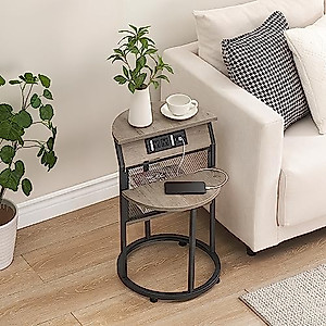 IDEALHOUSE Round End Table with Charging Station, Grey Wood Side Table with USB Ports and Outlets, Sturdy Circle Farmhouse End Table for Living Room, Bedroom and Couch