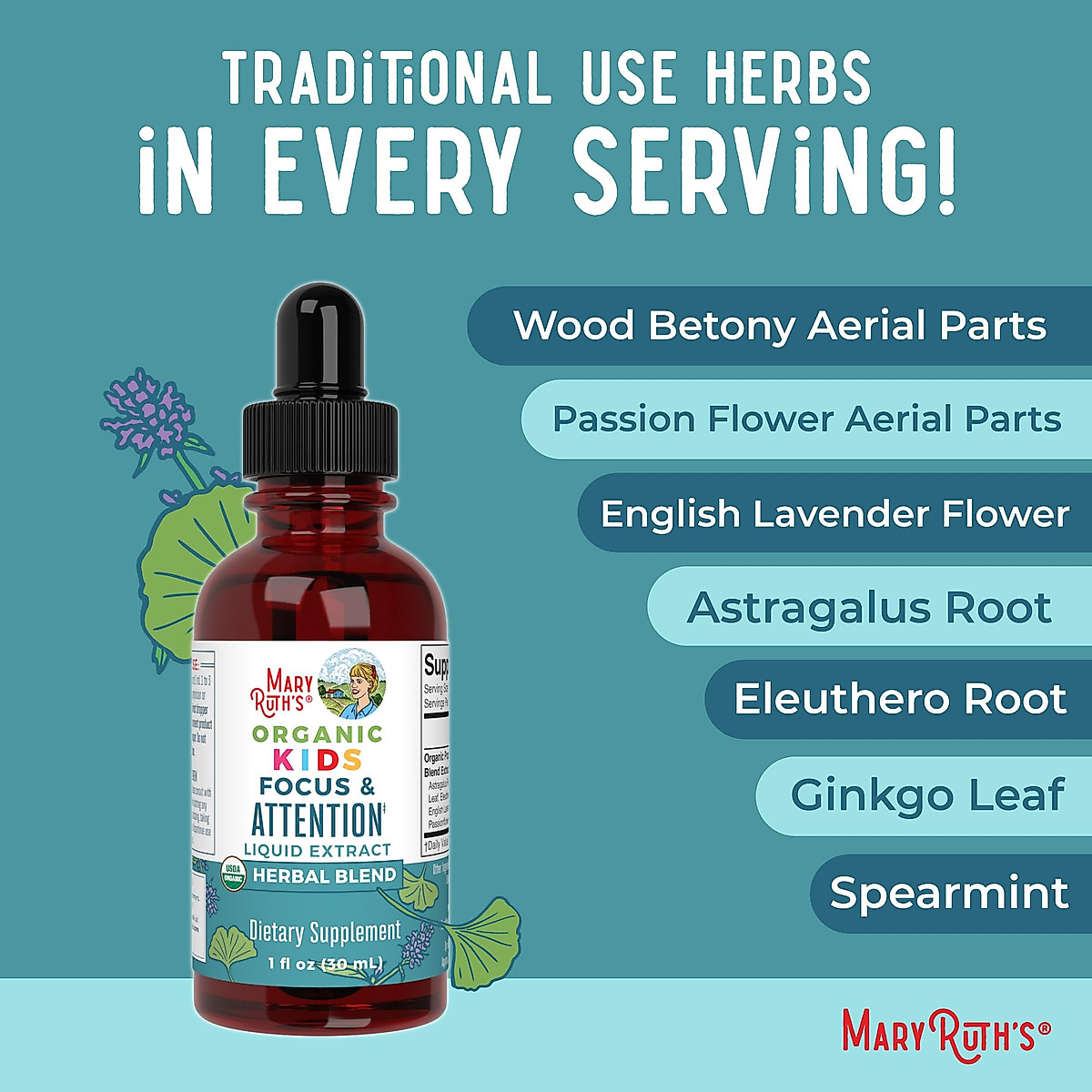 MaryRuth Organics Kids Brain Supplements for Memory and Focus, USDA Organic Drops with Ginkgo Biloba, Rhodiola Root & Licorice Root, Focus & Attention, Calm, Vegan, Non-GMO, Gluten Free, 30 Servings