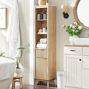 RedLemon 68" Tall Bathroom Narrow Storage Cabinet with Adjustable Shelf, Drawer & Faux Marble Top, Curved Profile Linen Tower for Bathroom, Living Room, Kitchen, Natural Oak Color