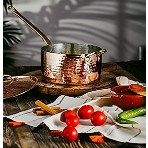 DEMMEX 1.2mm Thick Hammered Uncoated Copper Saucepan with Lid & Helper Handle, Food-Safe Tin Lined (1.7-Quart)