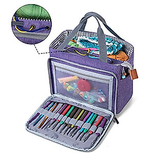 Luxja Crochet Tote Bag, Yarn Storage Bag for Small Unfinished Projects, Crochet Hooks and Other Accessories, Purple