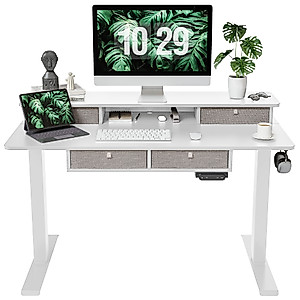 FEZIBO Sturdy Height Adjustable Electric Standing Desk with Drawers, 48 x 24 Inch Stand Up Table with Large Storage Shelf, Sit Stand Desk, White Top