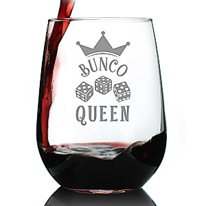 Bunco Queen Stemless Wine Glass - Bunco Decor and Bunco Gifts for Women - Large 17 Oz Glasses