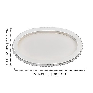 AuldHome Wood Beaded Tray (White), Decorative Farmhouse Style Oval Wooden Tray