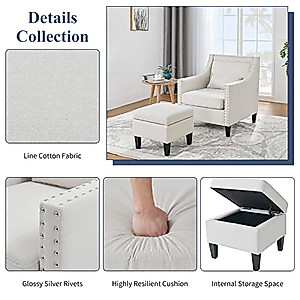kinmars Accent Chair with Ottoman Comfy Upholstered Living Room Chair Bedroom Chair for Room Reading Chair Mid Century Modern Arm Chair and Storage Ottoman Set (Beige) F0804