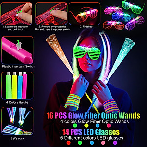 OLUPP 148 PCS Glow in the Dark Party Supplies, 16 PCS Glow Fiber Optic Wands, 14 PCS LED Glasses, 100 PCS Glow Sticks and 18 PCS LED Hair Clips Fiber Optic for Glow Party, Wedding, Concert, Birthday