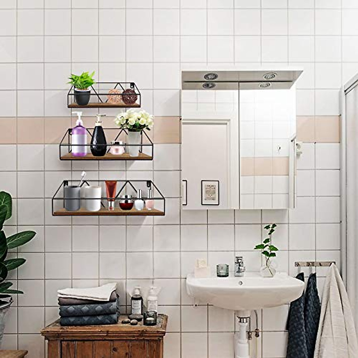 PETAFLOP Floating Wall Shelves Set of 3, Rustic Wood Storage Shelf for Bathroom, Bedroom, Kitchen, Living Room