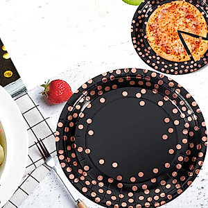 LDFDRT 50 Pack Disposable Party Paper Plates,7 inch Black and Rose Gold Plates,Golden Dots Plates,Metallic Foil Polka Plates for Graduation, Birthday, Weedings,Christmas