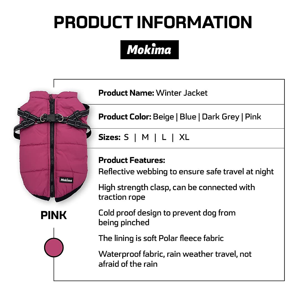 MOKIMA Small Dog Warm Jacket with Leash Attachment - Winter Small Dog Sweater Coat - Small Dog Clothes for Indoor and Outdoor Use - Water Resistant - (Small, Grey)