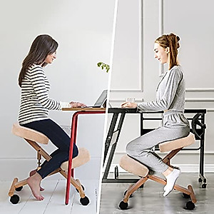 HALEDAZE Adjustable Wooden Ergonomic Kneeling Chair Home Office Computer Chair for Relieve Pain with Beige Fabric