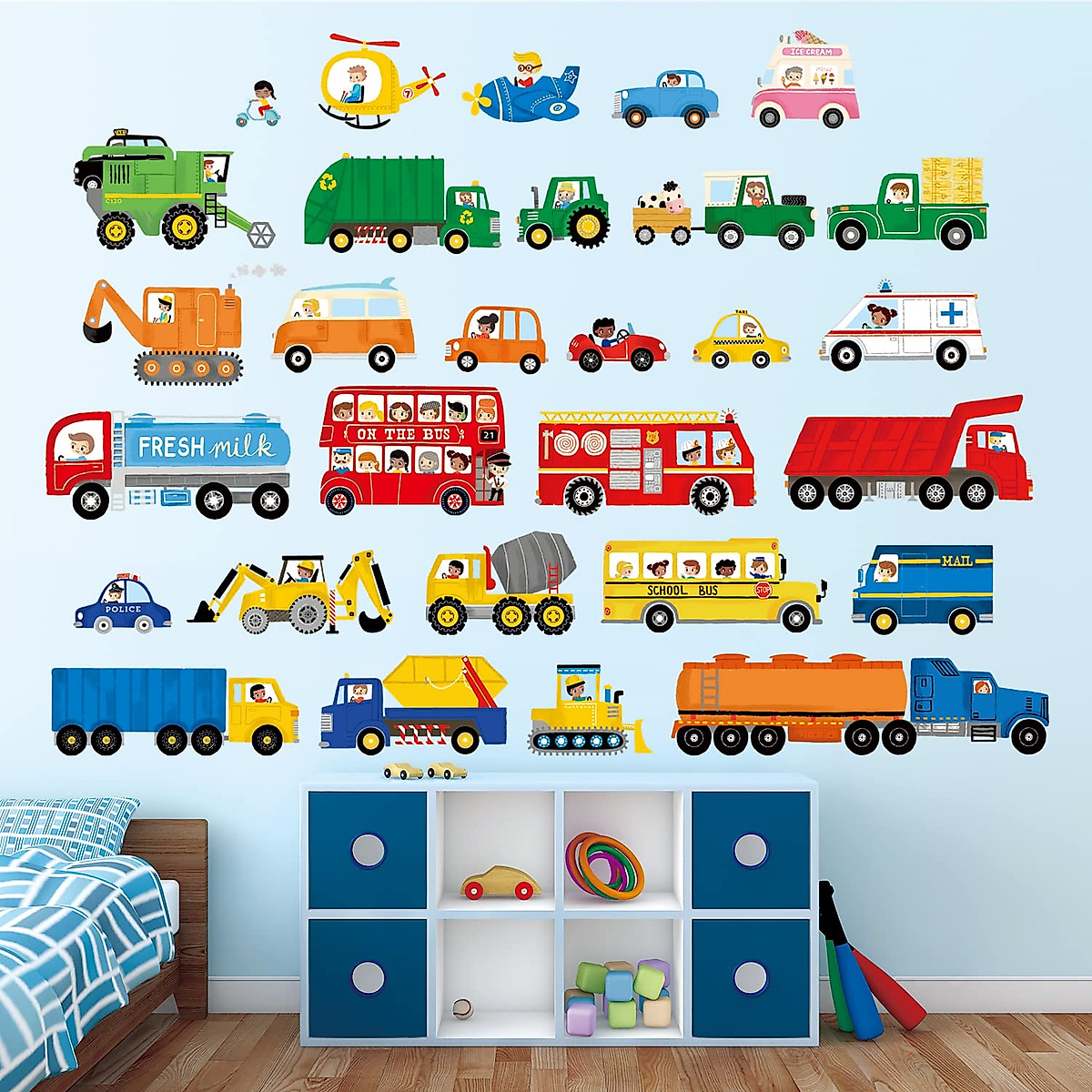 DECOWALL DS9-8064 Transport and Vehicles Wall Stickers Decals for Kids Toddler Bedroom décor car Boys Truck Construction Room Peel and Stick Excavator fire Truck Nursery Living Baby
