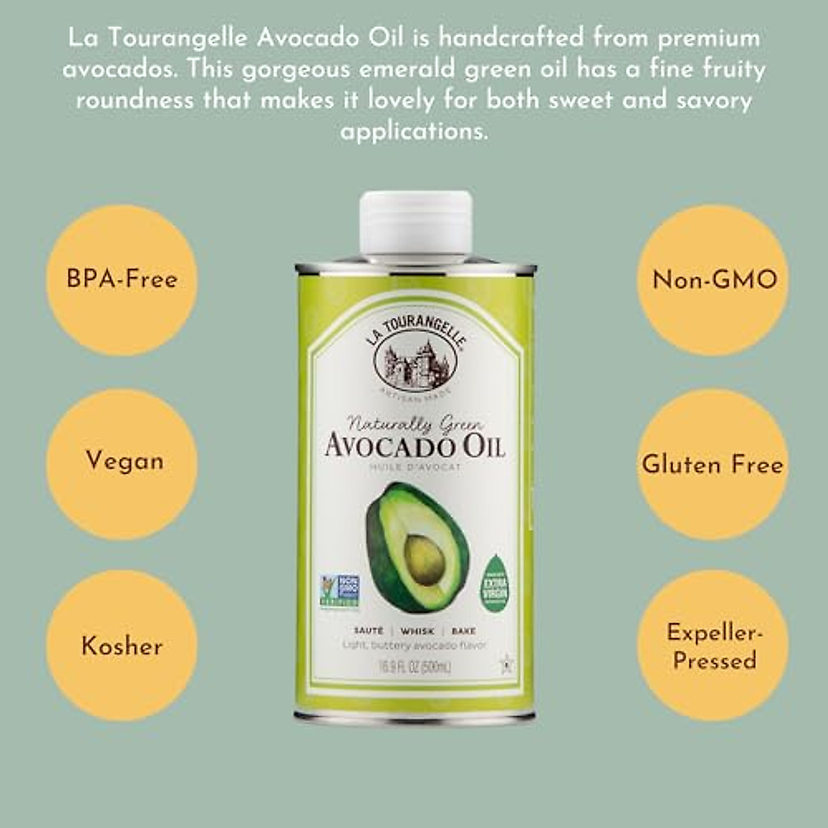 La Tourangelle, Avocado Oil, Handcrafted from Premium Avocados, Great for Cooking, as Butter Substitute, and for Skin and Hair, 16.9 fl oz