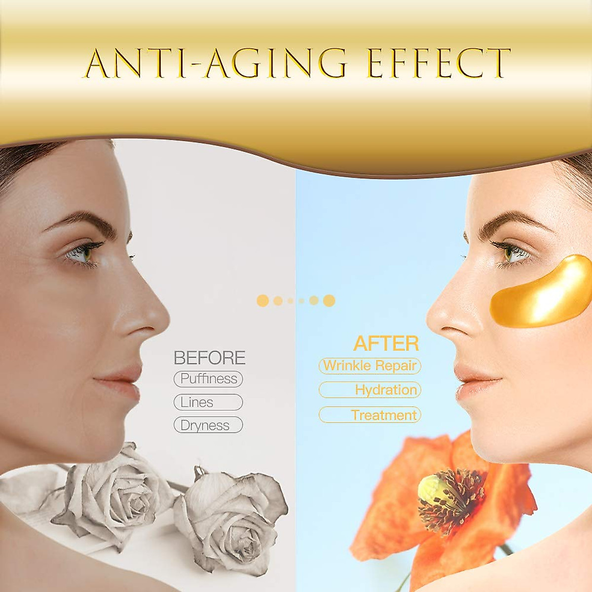 HOPEMATE Eye Patches, Under Eye Mask, 24K Gold Eye Treatment Mask, Dark Circles Gel Pads, Under Eye Bags Treatment for Puffy Eyes, Anti-Wrinkle , 14 Pairs