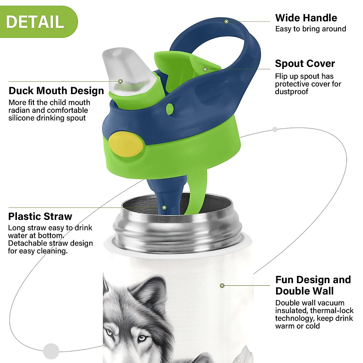 Kigai Gray Wolf Kids Insulated Water Bottle with Straw - Stainless Steel Travel Tumbler Double Wall Vacuum Leak Proof Kids Cup Hot for School Boys Girls