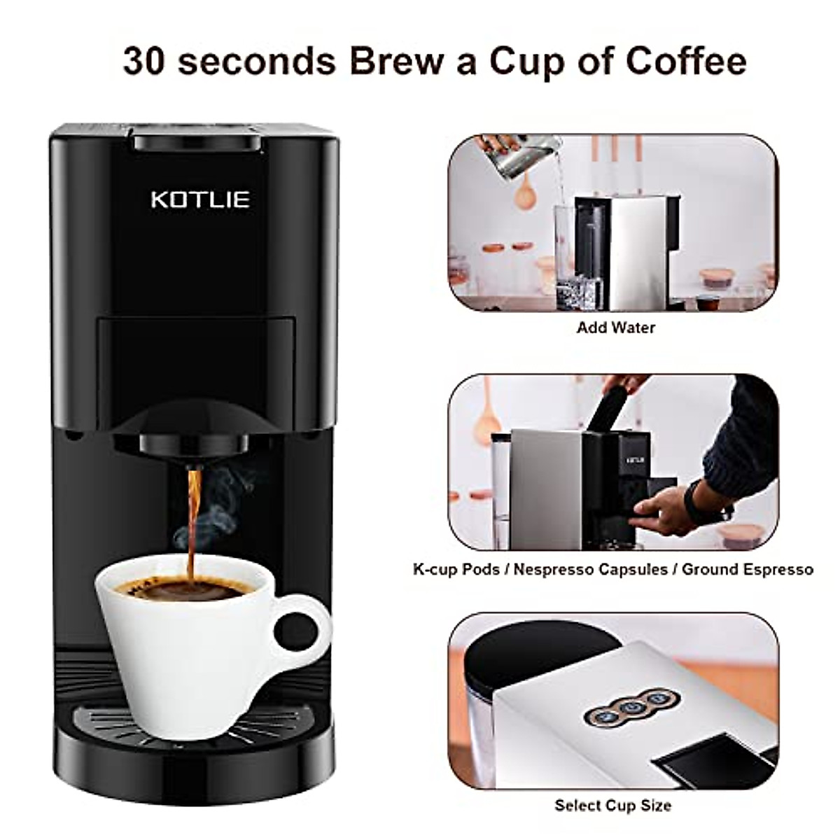 KOTLIE Latest Single Serve Coffee Maker,4in1 Espresso Machine for K-Cup/Nespresso Original/Ground/ESE Capsule Pod,3 Pods,2 Bowl,2oz to 10oz Cup, 28oz Removable Water Tank,19 Bar,1450W