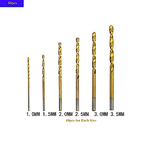 60PCS Titanium Micro Twist Drill Bits 1mm, 1.5mm, 2mm, 2.5mm, 3mm, 3.5mm-10pcs for Each，Small Fully Ground Mini Drill Bits for Wood, Plastic, Aluminum,DIY Making Craft Engraving