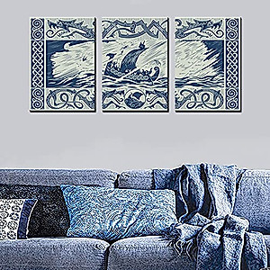 Tucocoo 3 Pieces Vikings Decor Canvas Wall Art Vikings Ship Drakkar with a Dragons Head Isolated on White for Bedroom and Living Room Art Work for Home Walls Ready to Hang 42X20Inch