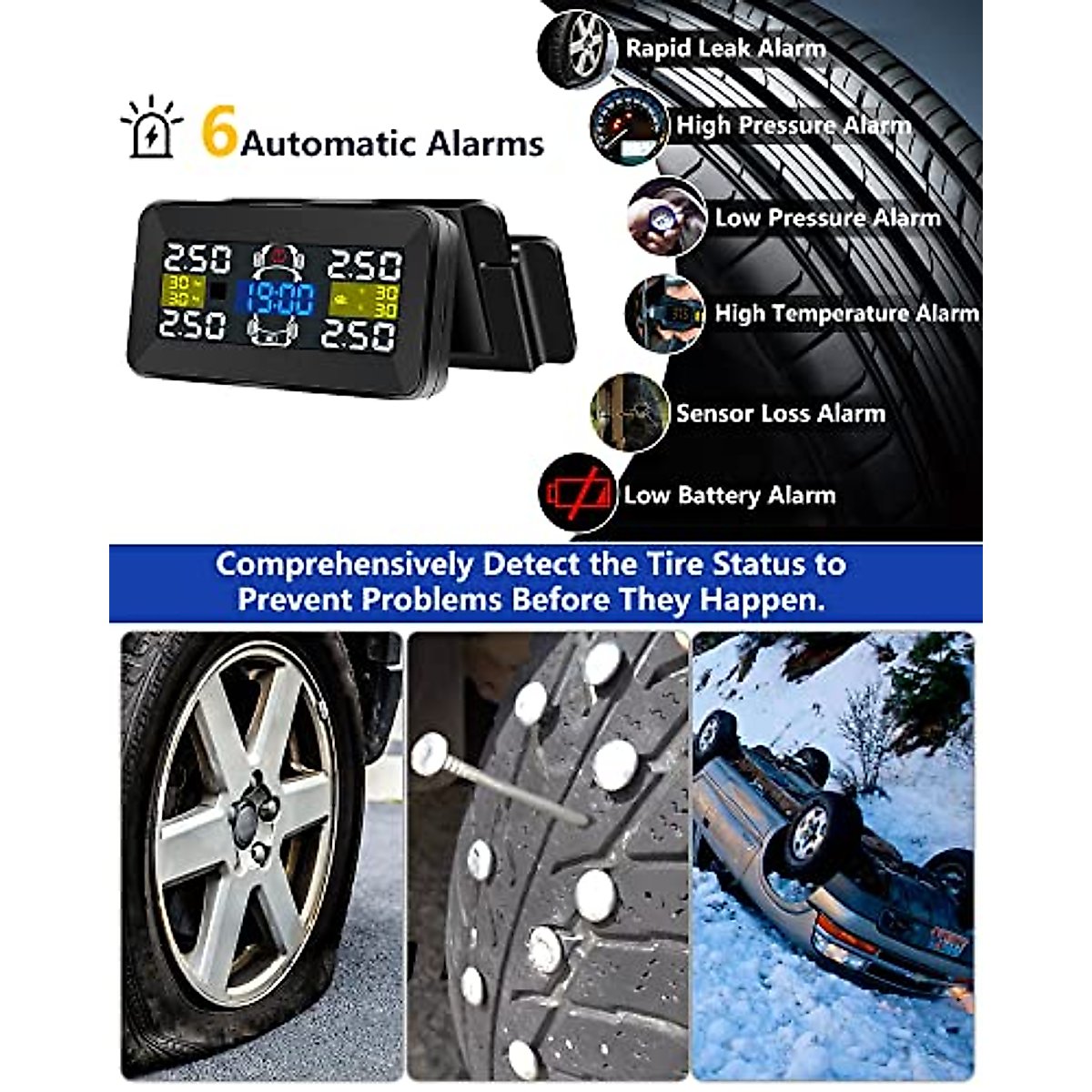 2023 Upgrade Tire Pressure Monitoring System 【Detached Bracket】 Wireless Solar TPMS Monitor System Accuracy 0.01Bar Installed on Windowshield Real-Time Display 22-87 PSI for Car RV SUV