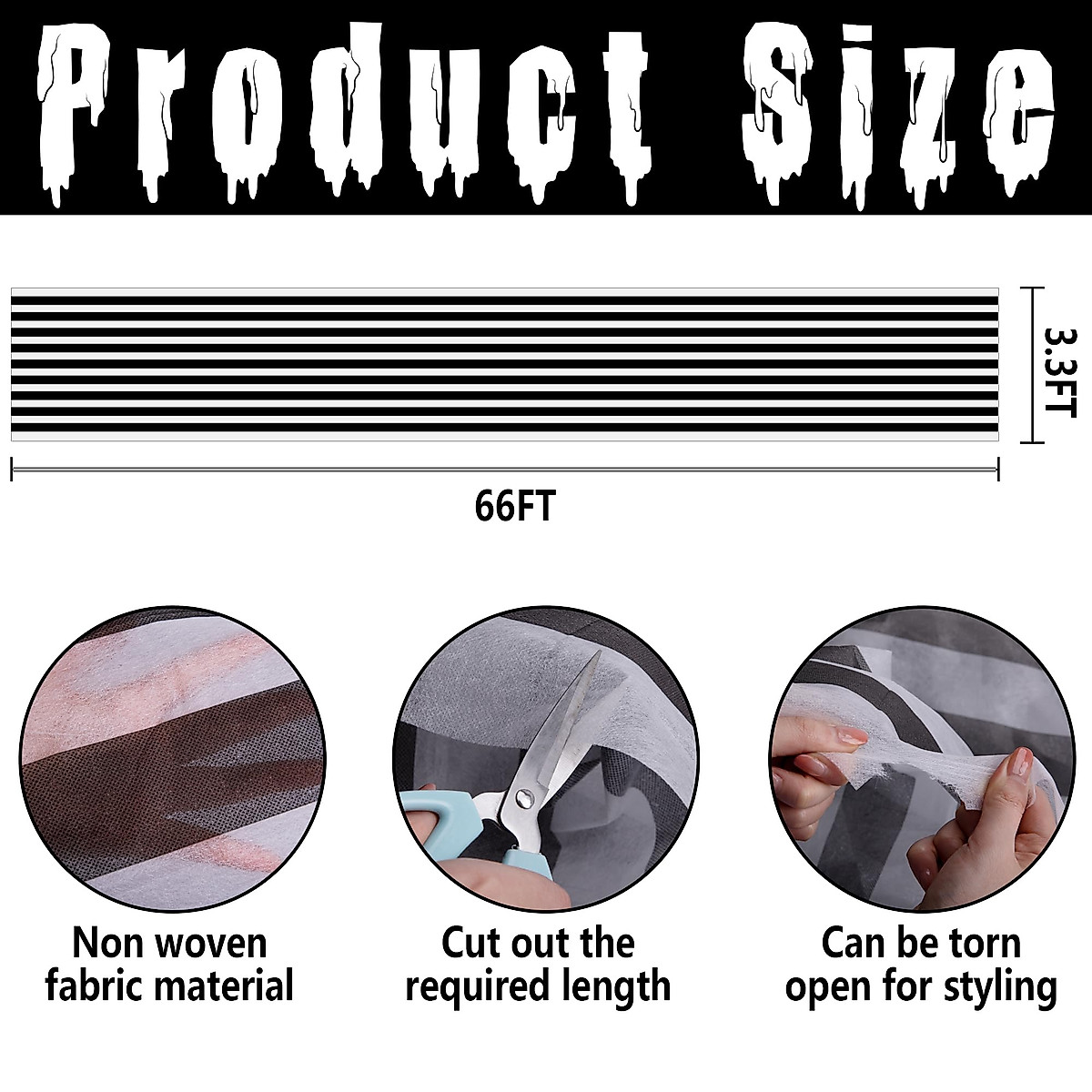 RunNico 66x3.3 ft Black and White Striped Gossamer Roll, Halloween Sheer Gossamer Striped Table Decoratoin, Halloween Decorated Black and White Fabric for Halloween,Walls,Table Skirt,Wedding and Party