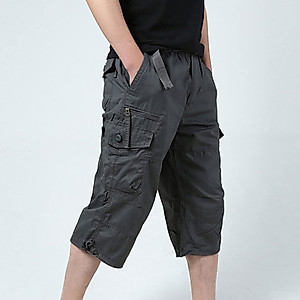 Men's Relaxed Fit 3/4 Cargo Shorts Twill Elastic Waist Multi Pocket Capri Pants Casual Loose Fit Below Knee Short (Grey,Medium)
