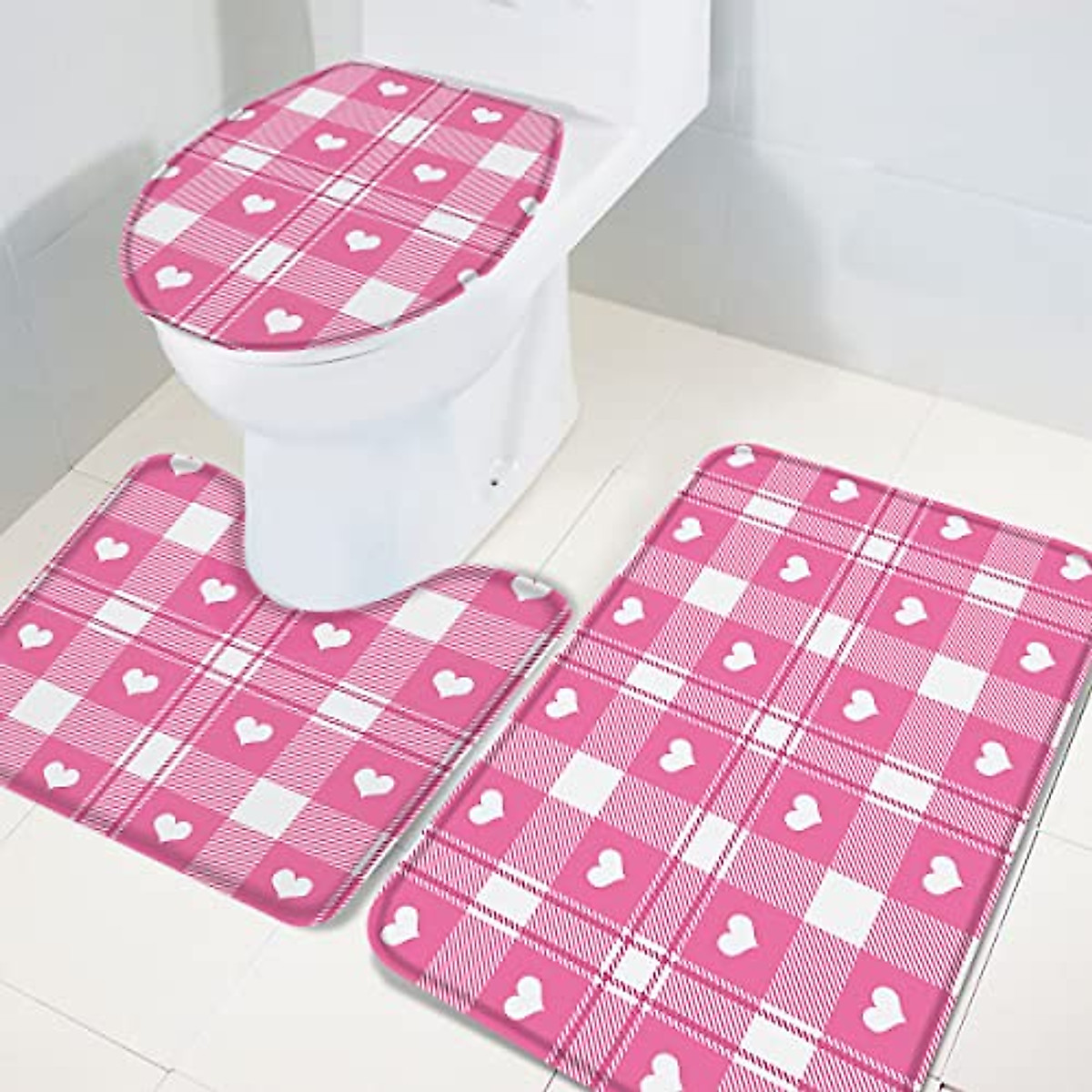 Valentines Day Bathroom Rugs Sets Love Heart Bath Mats Set with Toilet Lid Cover Non Slip Bathroom Mat, U-Shaped Contour Toilet Mat, Pink Buffalo Plaid Check 3 Piece Bathroom Rugs