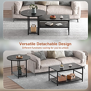 WOHOMO Coffee Table, Black Modern Coffee Tables for Living Room 2 in 1Detachable Small Center Table Set with Storage, Black Marble