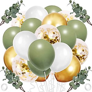 60 Pcs White Sage Green Balloons Latex Balloons with Artificial Eucalyptus Leaves Confetti Balloons for Birthday Baby Bridal Shower Wedding Party Decoration