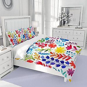 Queen Duvet Cover Set Watercolor Colorful Floral Leaves Soft Bed Duvet Cover with Zipper Closure,3 Pieces Breathable Bedding Set,1 Comforter Cover and 2 Pillow Shams