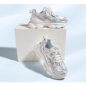 LUCKY STEP Women's 90s Chunky Sneakers Sparkly Bling Rhinestone Rope Platform Casual Thick Dad Rave Walking Shoes(Hologram Silver,7 B(M) US)