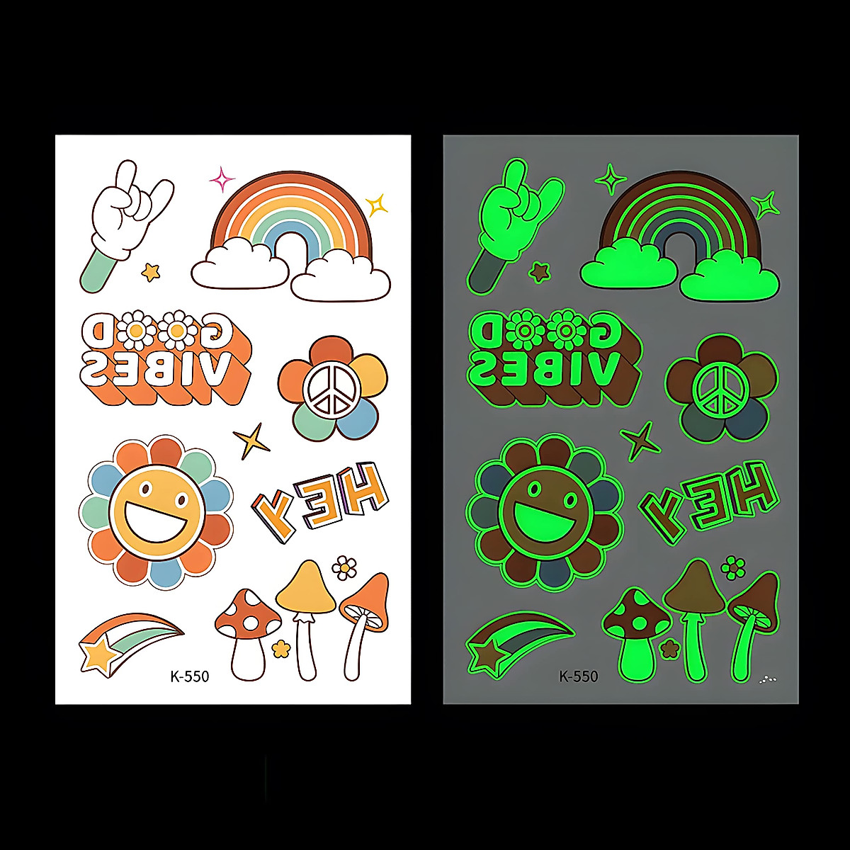 Finduat Glow In The Dark Groovy 70s Temporary Tattoos Stickers Kids Waterproof Luminous Tattoo Stickers Hippie Theme Birthday Party Supplies, Good Vibes Only Favors, Rainbow Arts and Crafts