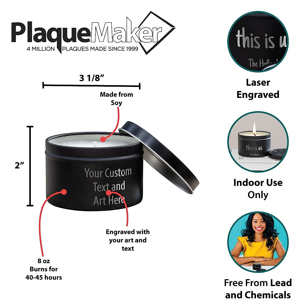 Personalized 8-oz Soy Candle in Black Metal Tin - Include Your Custom Text and Artwork - Select from a Variety of Scents - Engraved with Silver Lettering and Art (Fresh Pine)