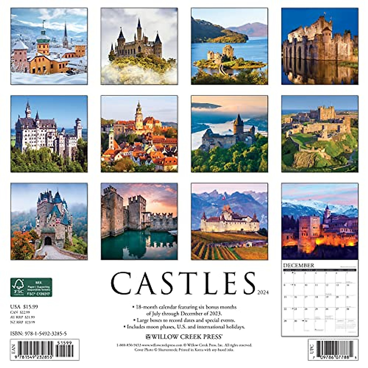 Willow Creek Press Castles Monthly 2024 Wall Calendar (12" x 12")