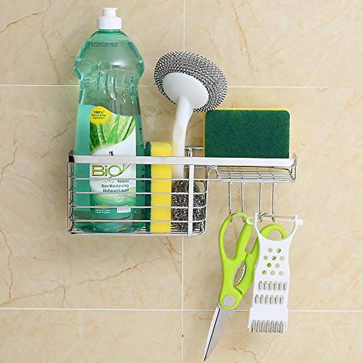 Joyfamy Rustproof Hanging Shower Caddy with Hooks, Wall Mounted Adhesive Bathroom Shower Shelf Storage Organizer Basket, No Drilling Stainless Steel Soap Sponge Shampoo Conditioner Holder Kitchen Rack