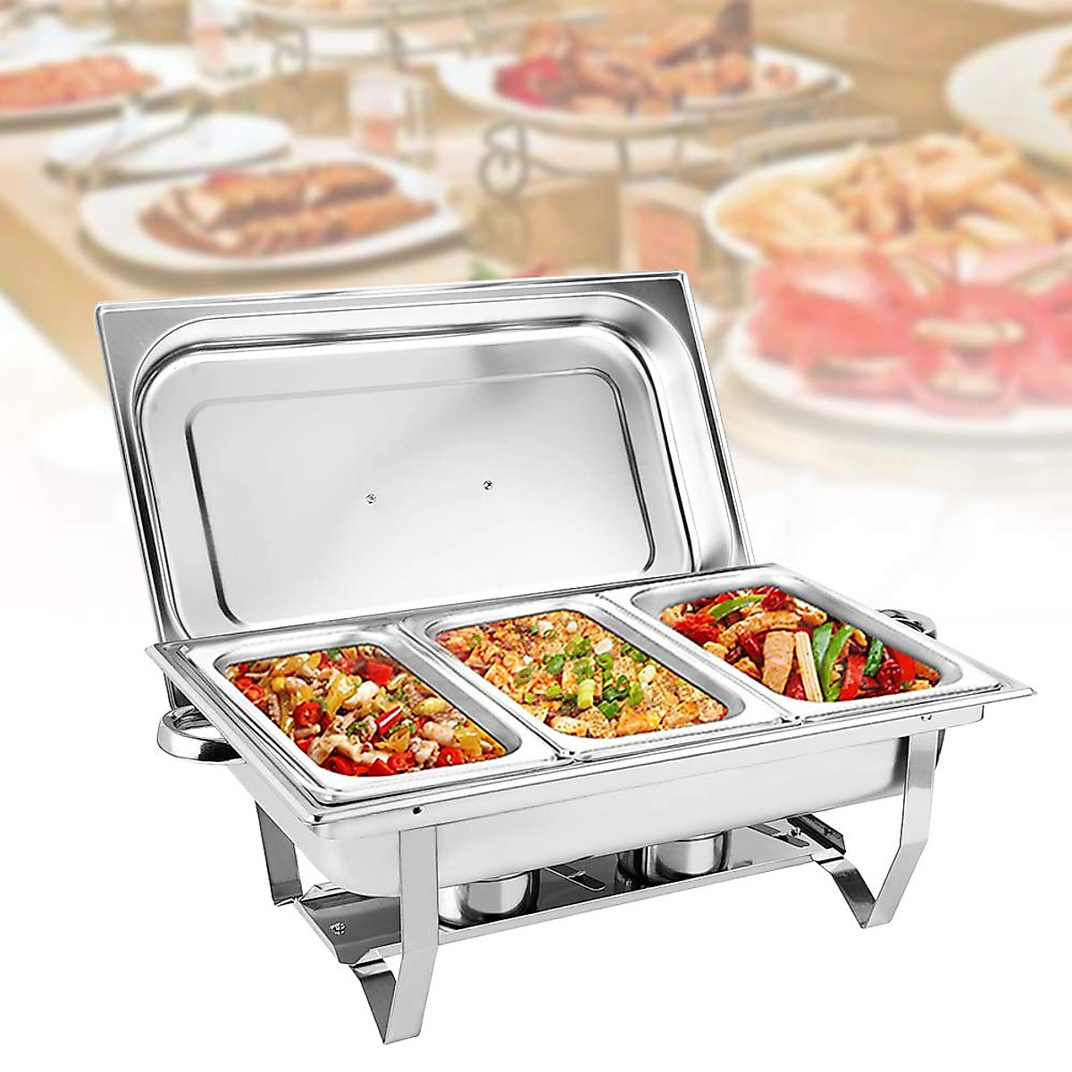 BANLICALI 3 * 3L Folding Stove, Baking Tray Container with Heater and Cover, Catering Buffet Baking Tray Stainless Steel Heating Container for Catering Party Wedding Banquets Silver