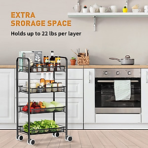 DMplus 4-Tier Metal Rolling Cart on Wheels with Baskets, Easy Carry and Assemble Multifunction Utility Cart with Practical Bucket and Hooks, Black MRC01B