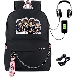 Roffatide Anime Cardcaptor Sakura Backpack Kinomoto Syaoran Li Tomoyo Daidouji Meiling Li Backpack Book Bag Laptop School Bag with USB Charging Port and Headphone Port