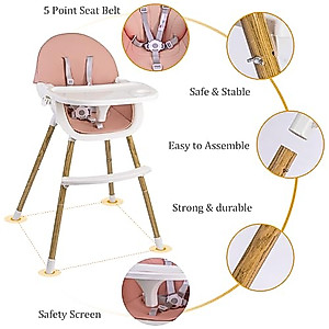 Baby High Chair, 3 in 1 High Chair for Toddlers, Convertible Infant Highchair with Removable Tray & Safety Harness, Adjustable Legs, Made of Sleek Hardwood & Premium Leatherette(Pink)
