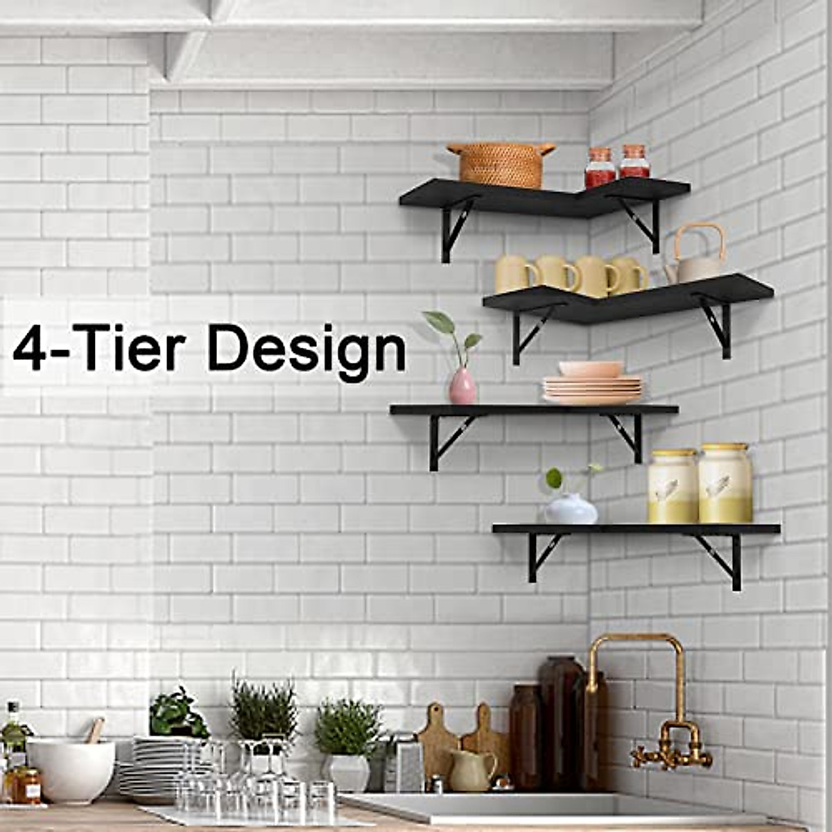 RayLove Corner Floating Shelves Wall Mounted Set of 4,Wood Corner Wall Shelves for Bedroom, Living Room, Bathroom, Kitchen, Office, BLACK001
