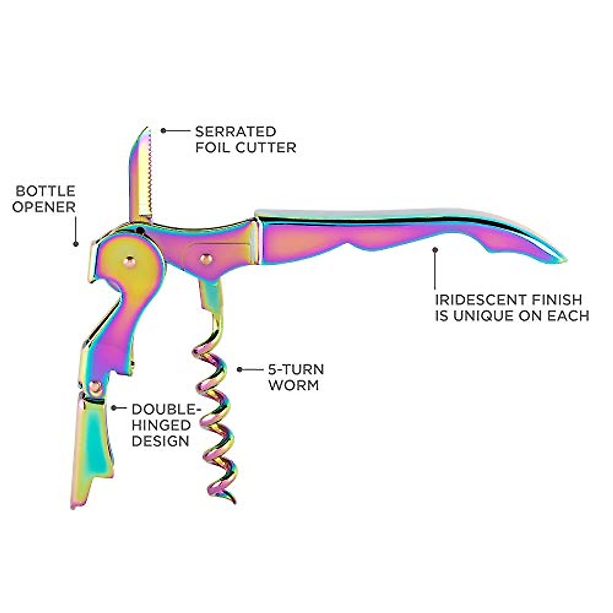 Blush Mirage Double Hinged Corkscrew, Cute Iridescent Wine Bottle Opener and Foil Cutter, Stainless Steel Bar Accessories, 4.75 Inches Long, Set of 1