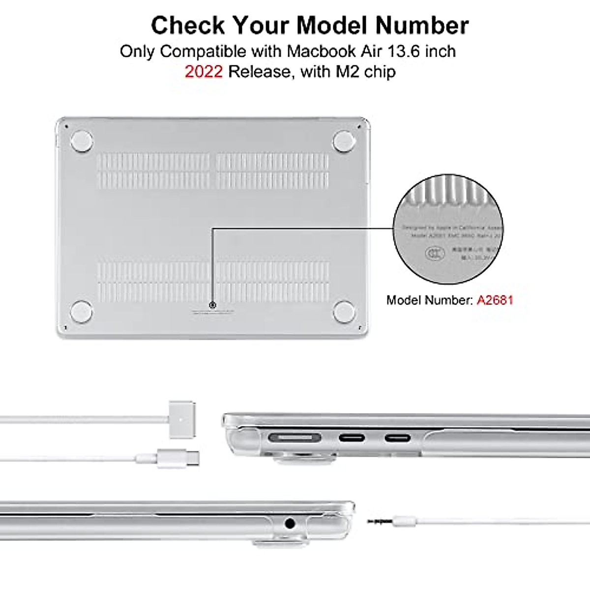 EooCoo Compatible with New MacBook Air 13.6 inch Case 2022 A2681 M2 Chip with Retina Display，Plastic Hard Shell Case + TPU Keyboard Skin Cover + Polishing Cloth + Screen Protector - Crystal Clear