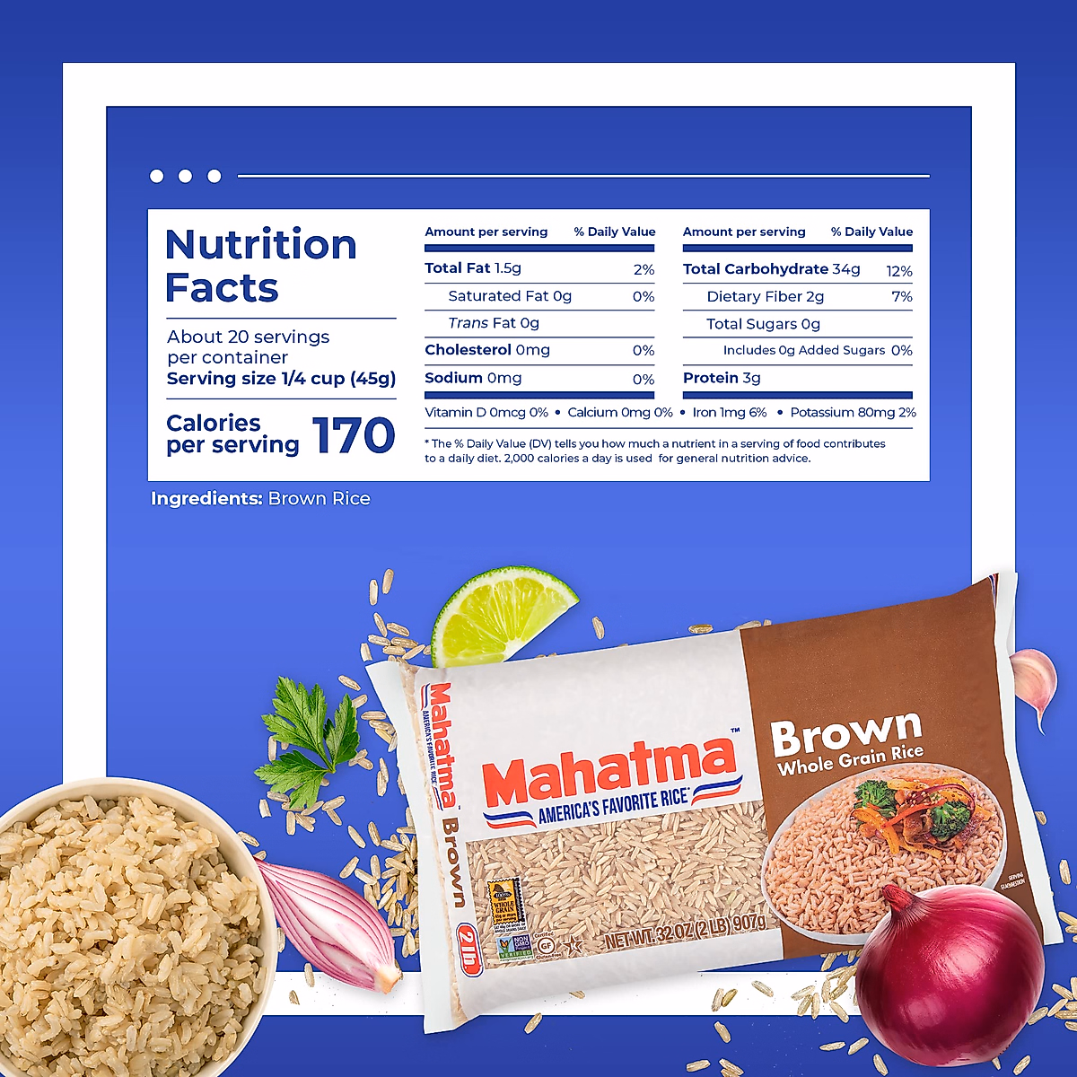 Mahatma Whole-Grain Brown Rice, 32-Ounce Bag of Rice, Stovetop or Microwave Rice