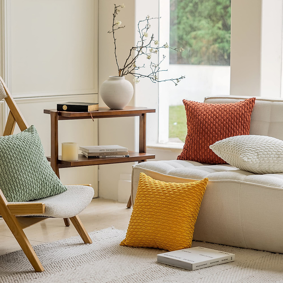 Kevin Textile Decorative Throw Pillow Cover Striped Corduroy Plush Texture Velvet Euro Cushion Cover for Bed 24 x 24 Inch (60cm) Set of 2 Cream