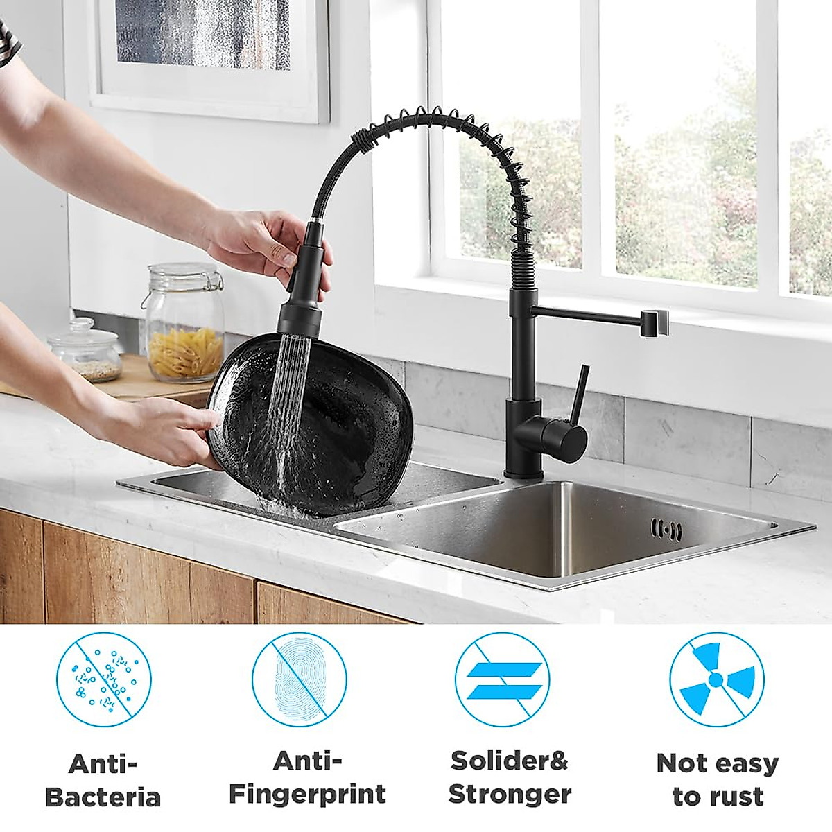 Black Kitchen Faucet with Pull Down Sprayer, WOTOKOL Solid Brass Kitchen Faucets Sprayer Spring Single Handle Commercial Kitchen Sink Faucet with LED Light
