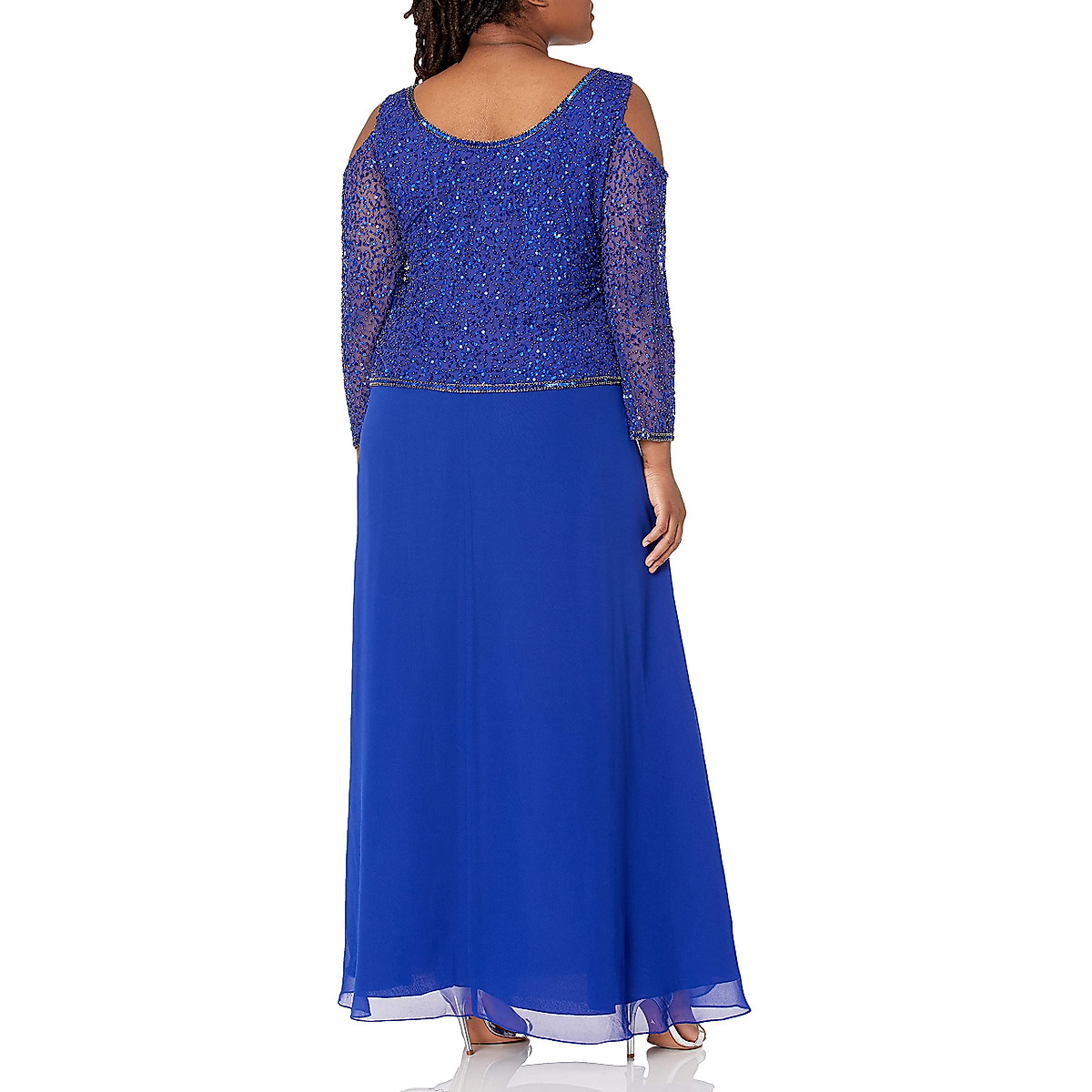 J Kara Women's Cold Shoulder Beaded Gown, Royal/Mercury, 16